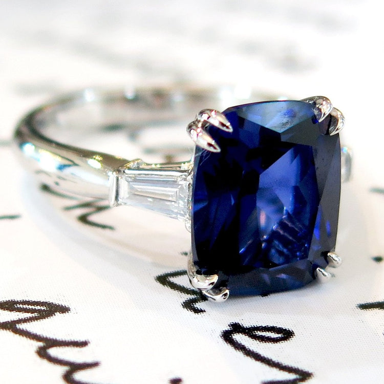 4 Carat Blue Sapphire Engagement Ring with Baguette Diamonds Unique Engagement Rings NYC Custom Jewelry by Dana Walden Bridal
