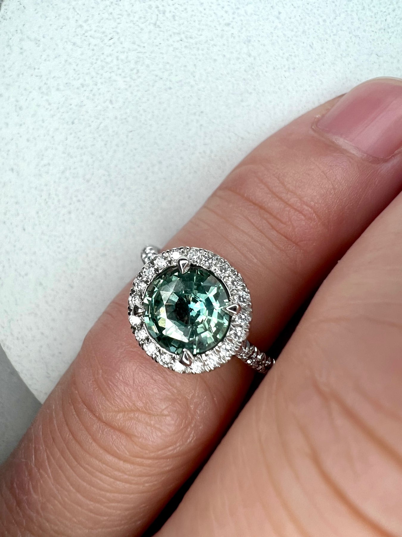 Blue-Green Sapphire Engagement Ring with Diamond Halo – Unique ...