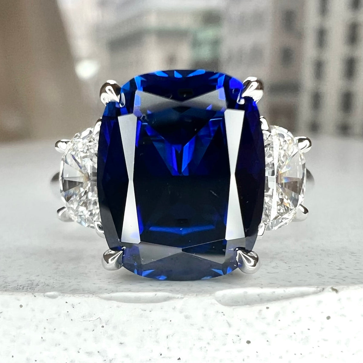 Alexandra 5.33ct Lab Sapphire Engagement Ring with Half-Moon Diamond ...